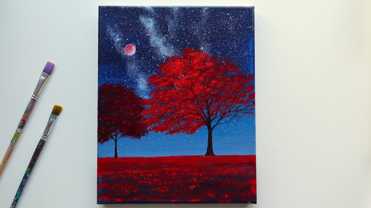 Magical Red Tree Acrylic Painting -Step-by-Step Night Sky Landscape Art ...