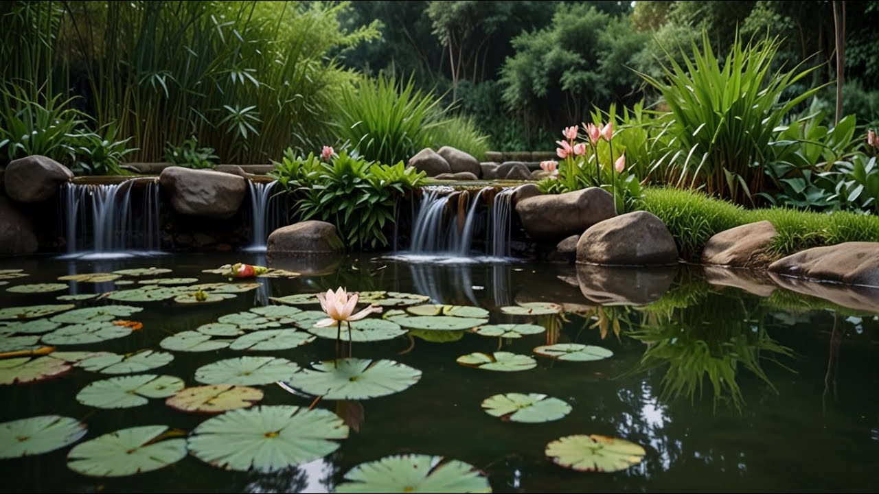 Ambient music | sound of running water. Small pond with lotus flowers ...