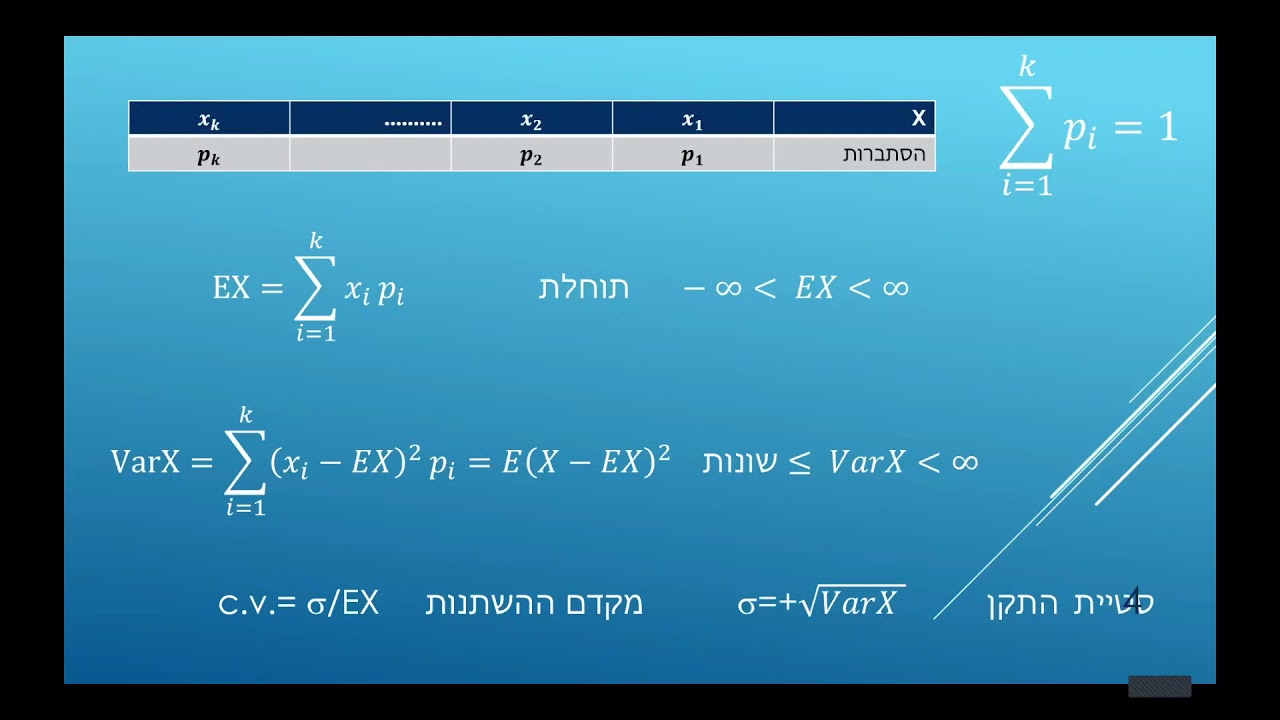 יסודות הסתברות הרצאה 5 משתנה מקרי תוחלת ושונות Youtube