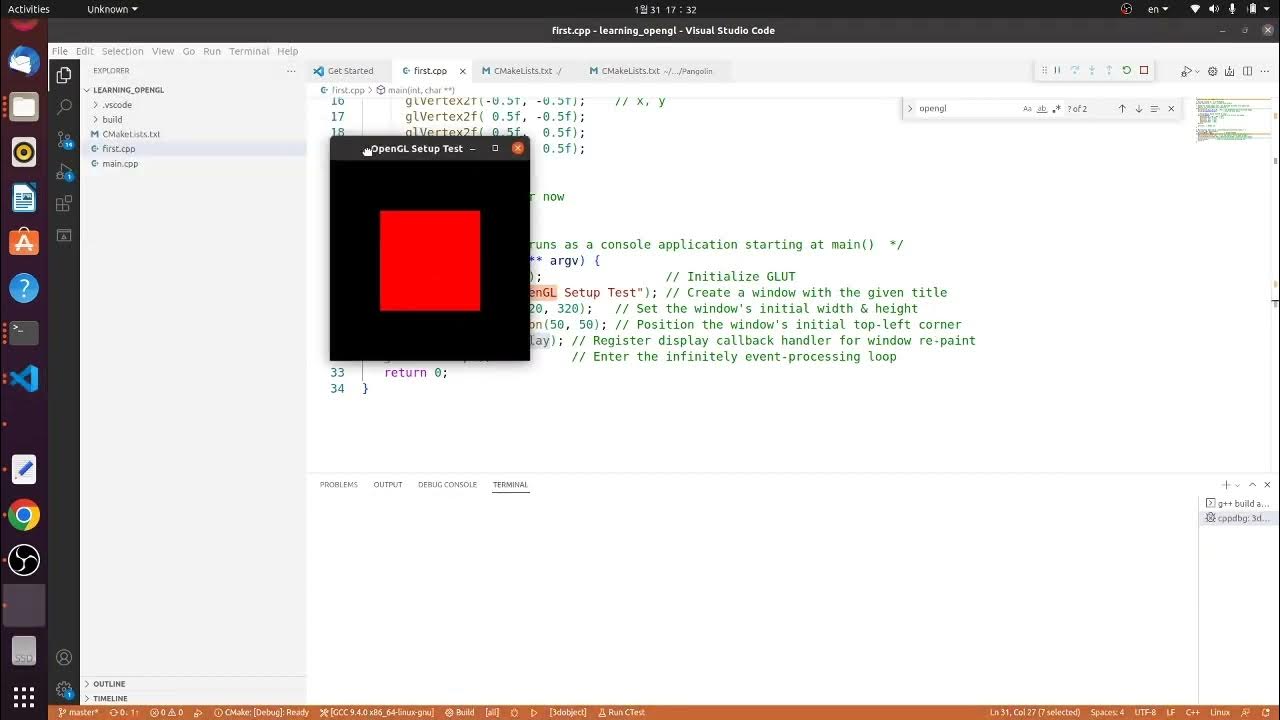 config cmake file to compile an opengl project in ubuntu - YouTube