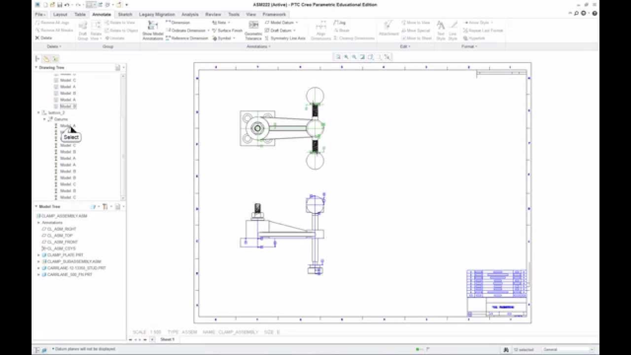Lesson 12 pt5 Assembly drawing Balloons, BOM PTC Creo Parametric 3.0 ...