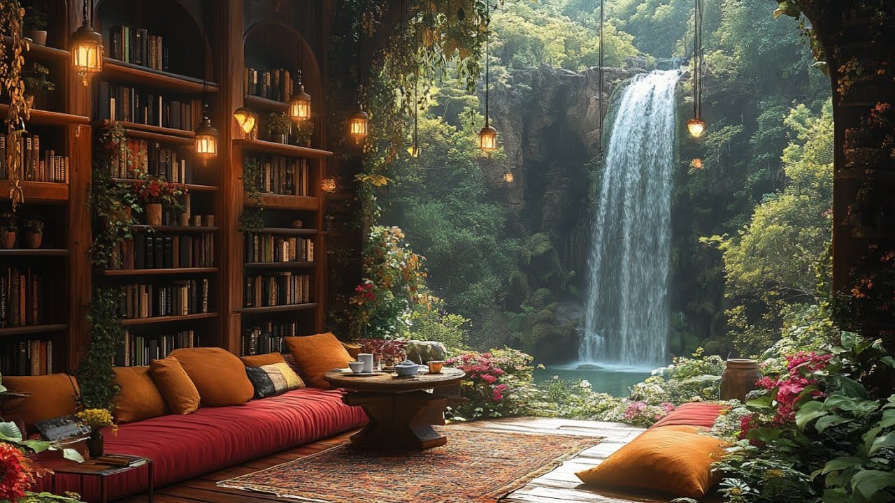 Relaxing Jazz Music for Studying 📚 Calm Evening Jazz with Waterfall ...