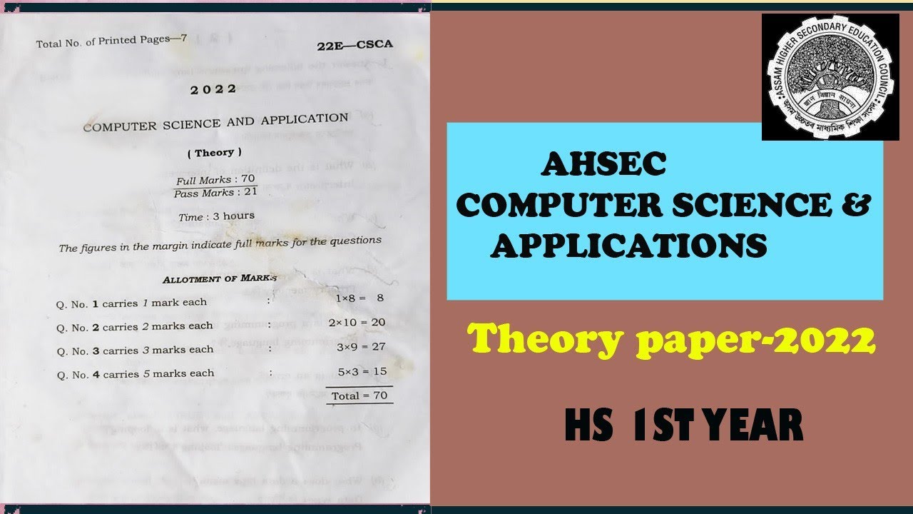 Ahsec 1st year computer science & Application question paper 2022 ...