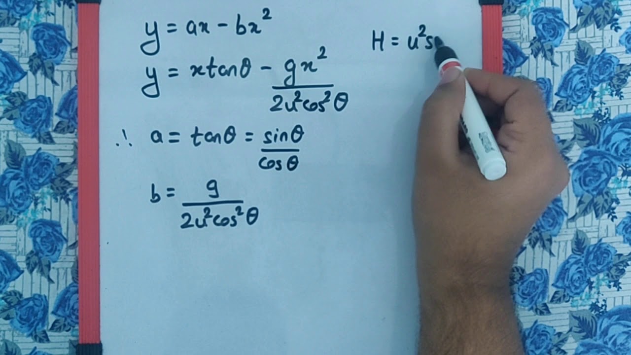 The trajectory of a projectile in a vertical plane is y = ax - bx^2 where a and b are constants ...