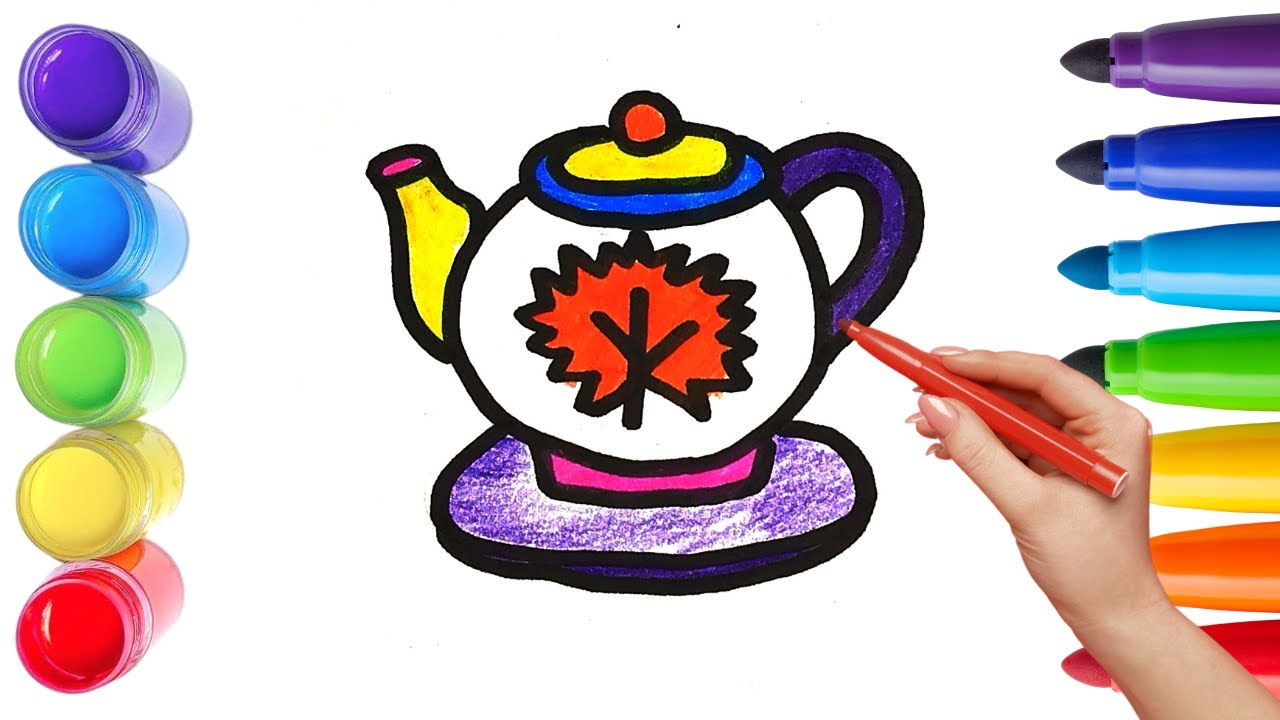 How To Draw cute TEA POT Drawing, Painting & Coloring For Kids and ...