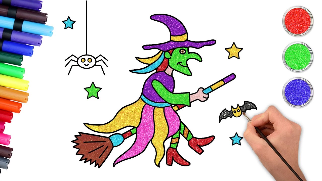 Glitter Halloween Witch🧙| Halloween Spooky Drawing and Coloring ...