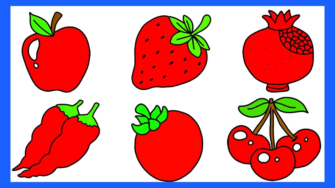 Red fruits drawing and colouring | Healthy fruits and vegetables name ...