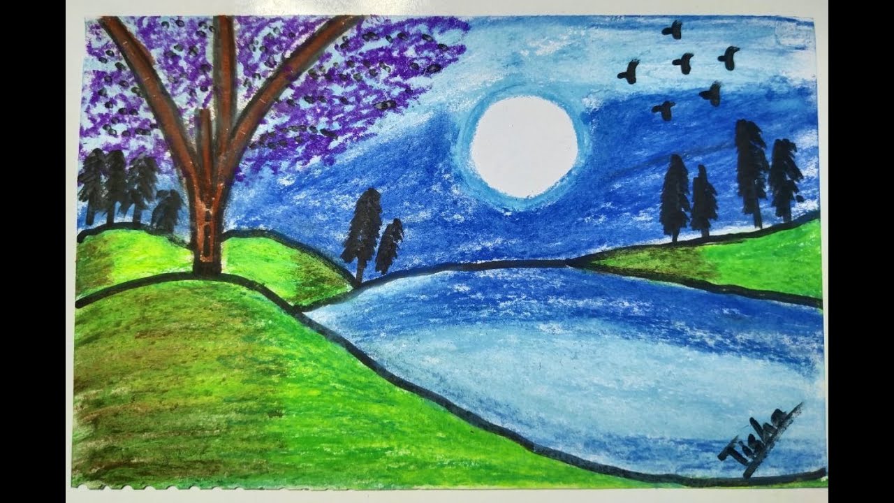 How to Draw Beautiful Moonlight Over the Lake Scenery ...