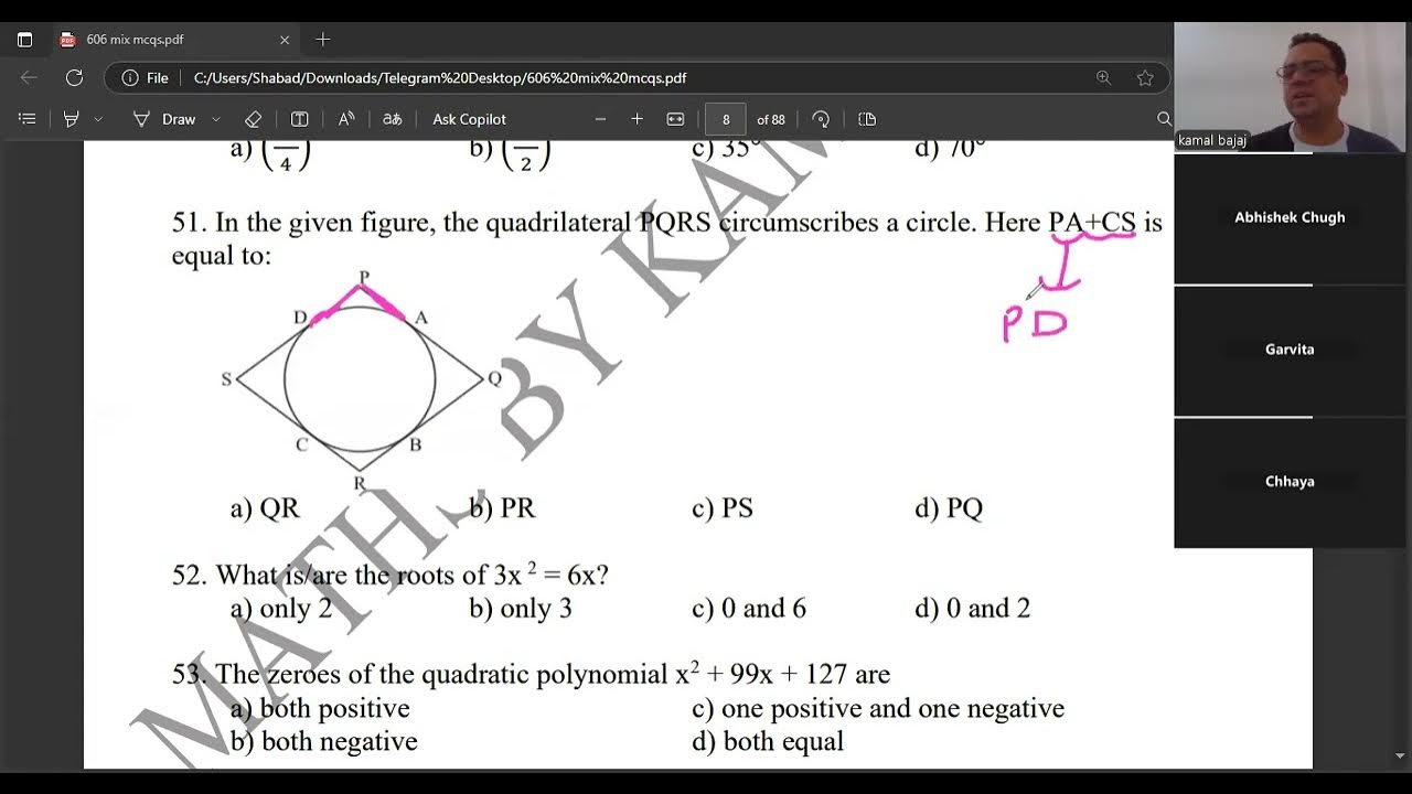 In the given figure, the quadrilateral PQRS circumscribes a circle. Here PA+CS is equal to ...