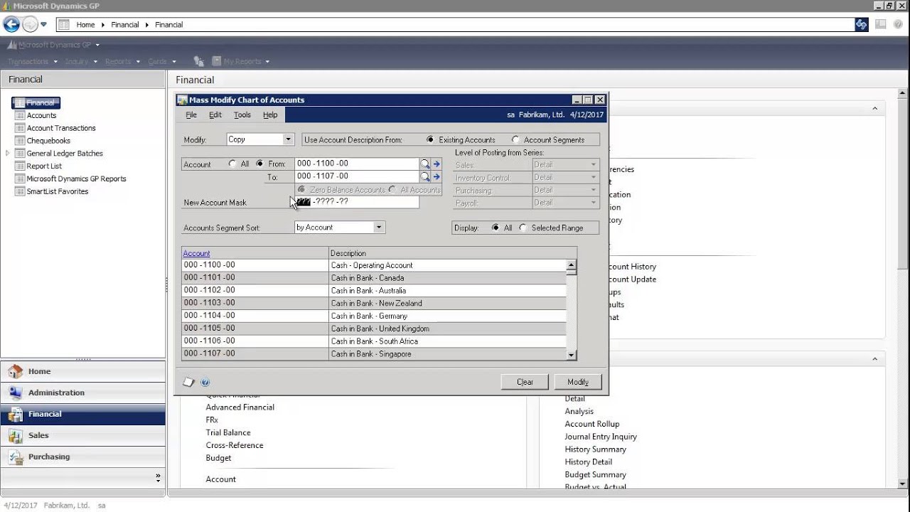 Microsoft Dynamics GP - Use Mass Modify to update a range of accounts ...