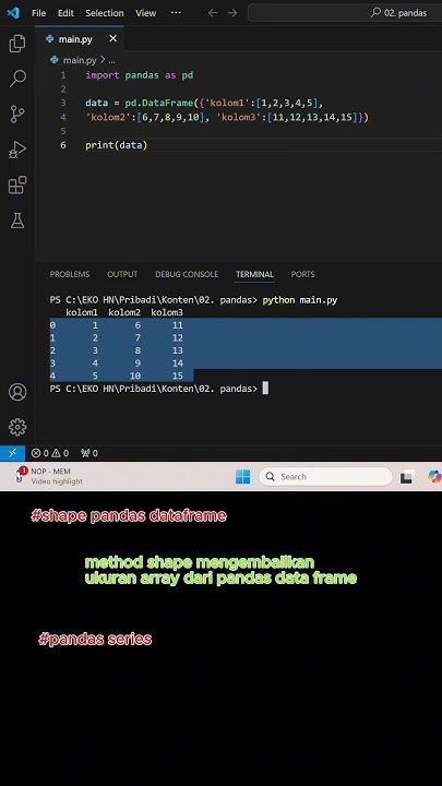 method shape pandas dataframe mengembalikan ukuran data (baris, kolom) #python#pamdas # ...