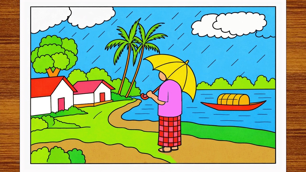 A Rainy Day Village Scenery Drawing | Village Scenery Drawing with ...