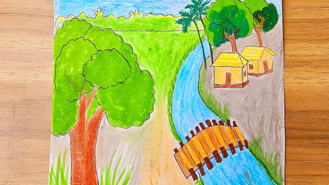 How to draw village scenery | easy drawing idea | oil pastel colour ...