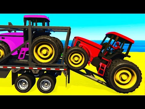 FUN COLOR TRACTOR Transportation - Spiderman Cartoon w Colors Race