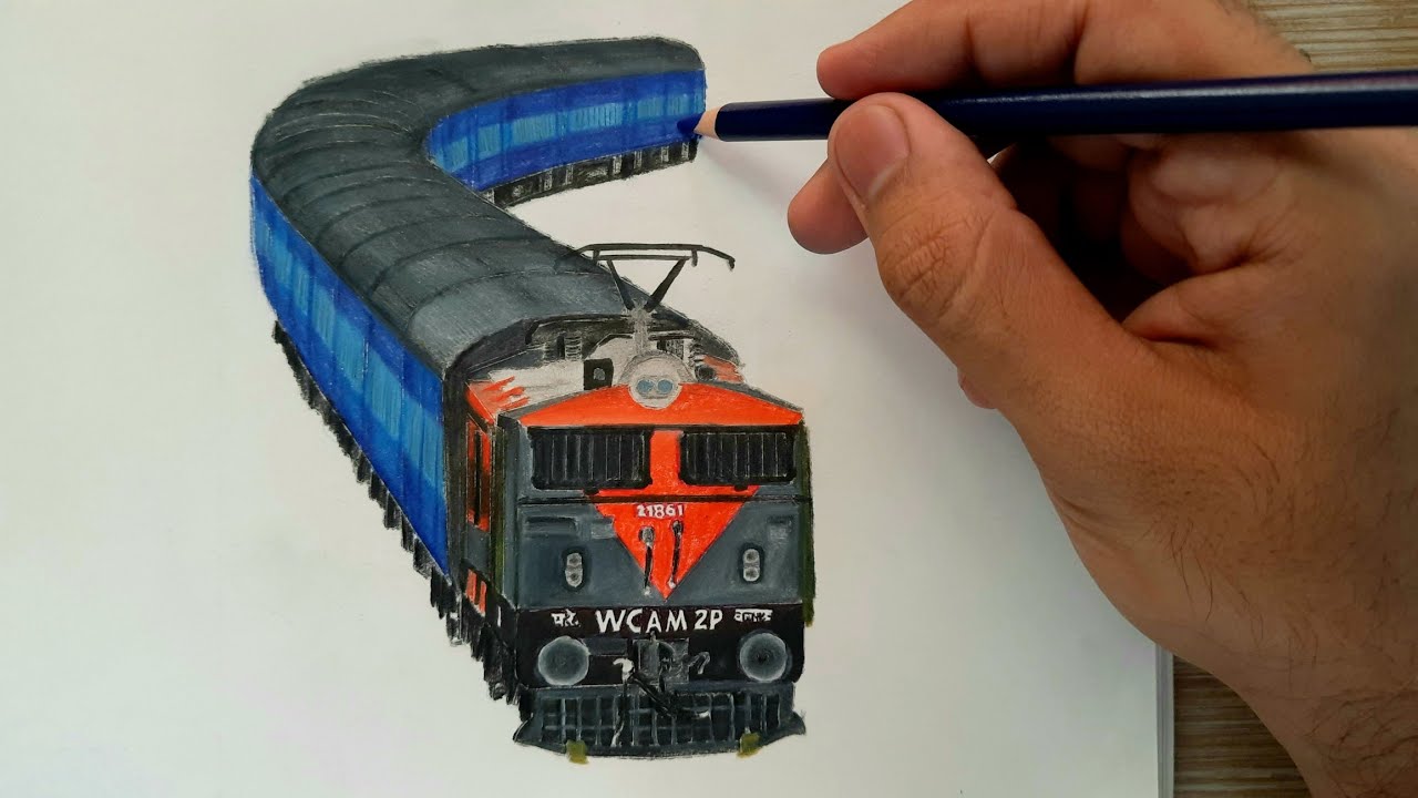 Drawing a train || Vintage WCAM-2 locomotive with a blue ICF rake based ...