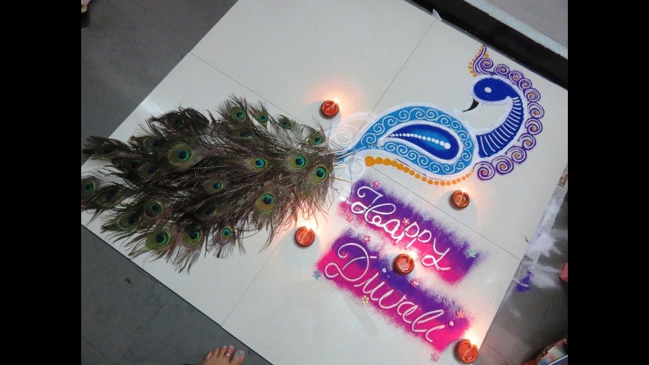 Diwali Rangoli using Peacock feather Created By Latest Rangoli - YouTube