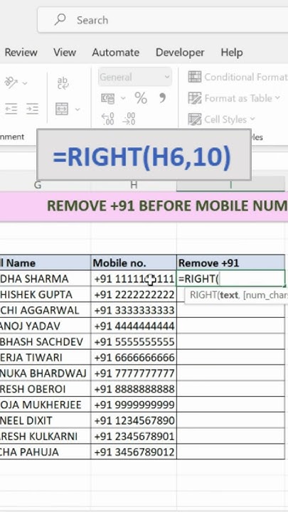 Remove 91 In Mob No Shorts Short Ytshorts Excel Microsoft Msexcel Exceltutorial