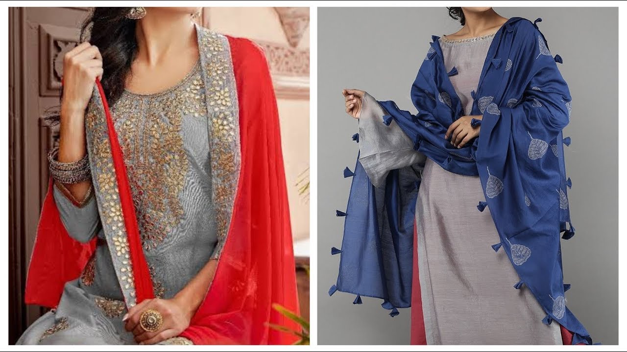 Grey kurti with contrast colour dupatta design ideas,dupatta styling ...