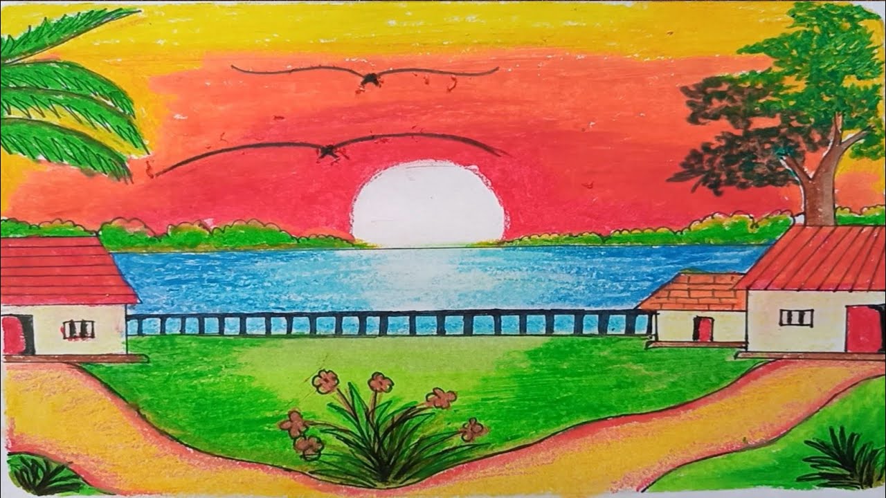 Easy Drawing Beautiful Sunset Scenery with oil pastels || nature ...