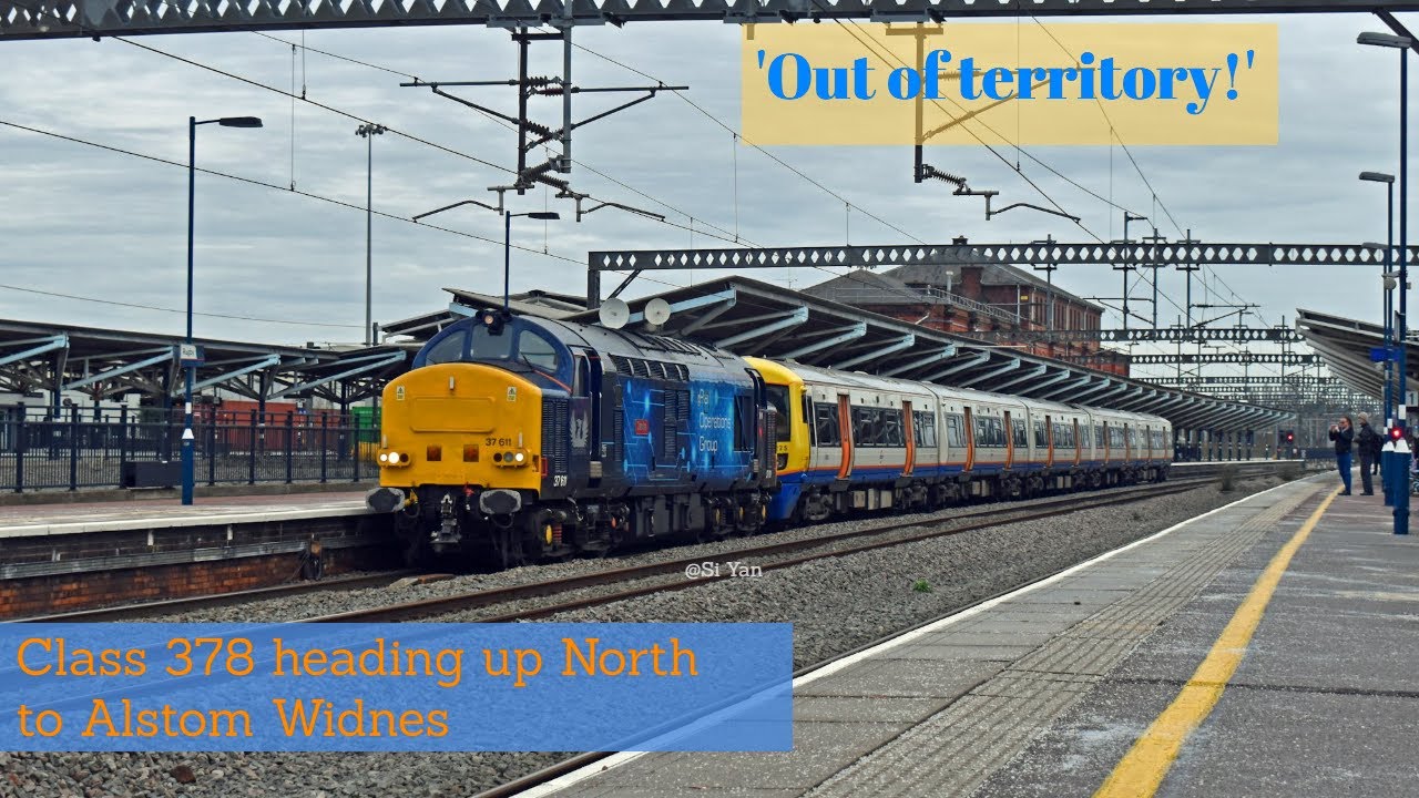 Class 378 heading to Alstom Widnes passing Rugby DRAGGED BY 37611 ...