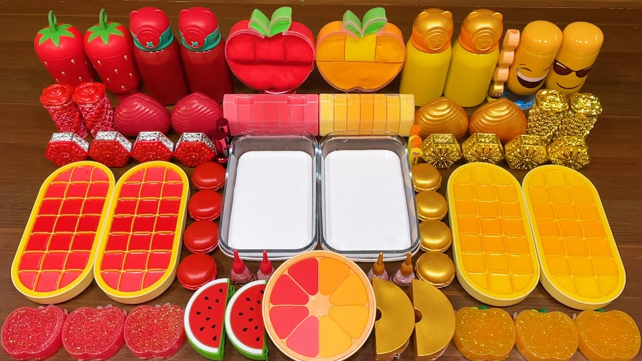 RED vs GOLD!! Mixing random into GLOSSY slime!!! Satisfying Slime Video ...