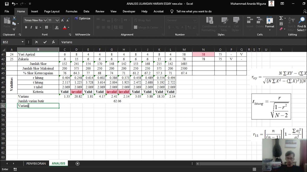 Analisis Butir Soal Ulangan Harian tipe Uraian atau Essay menggunakan excel - YouTube