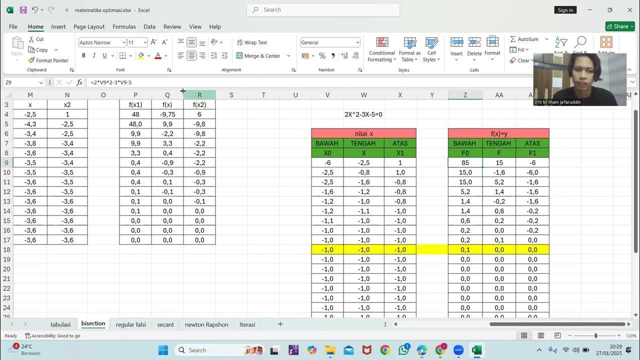 metode numerik pada ms.excel menggunakan metode bisection soal uts no 2 - YouTube