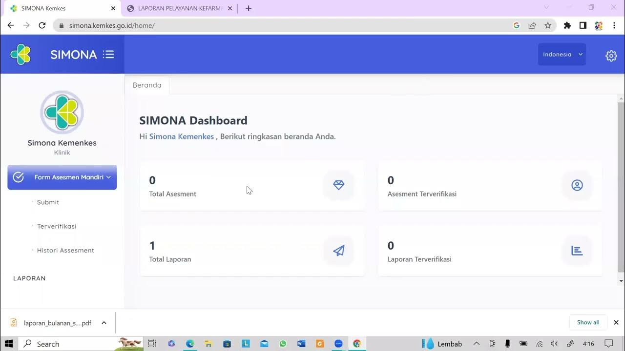 Tutorial Registasi, Pelaporan Bulanan, dan Self Assesment SIMONA Klinik - YouTube