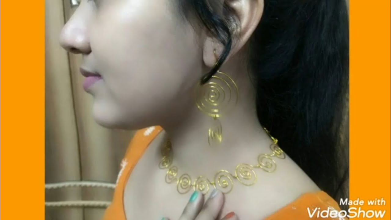 How To Make Simple And Beautiful Golden wire Earrings and Necklace Set ...