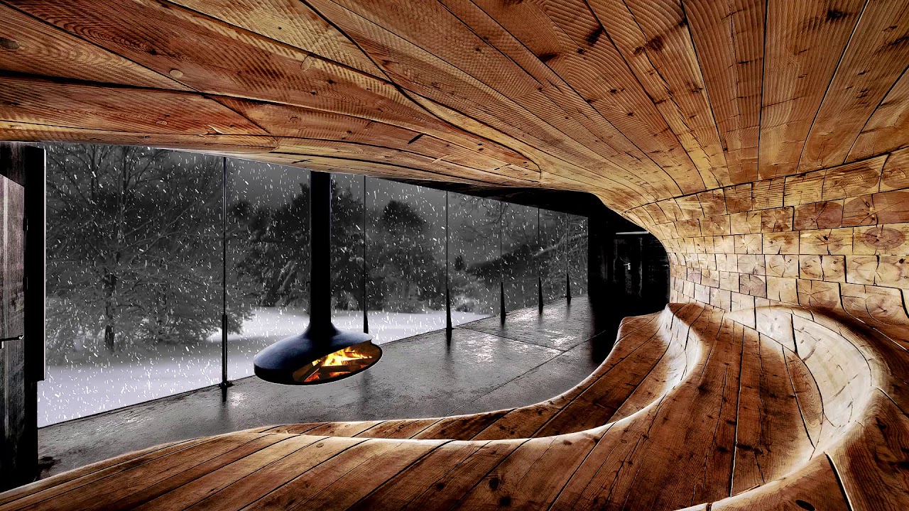 Relaxing Winter Ambiance in a Wooden Lounge with a Fireplace and View ...