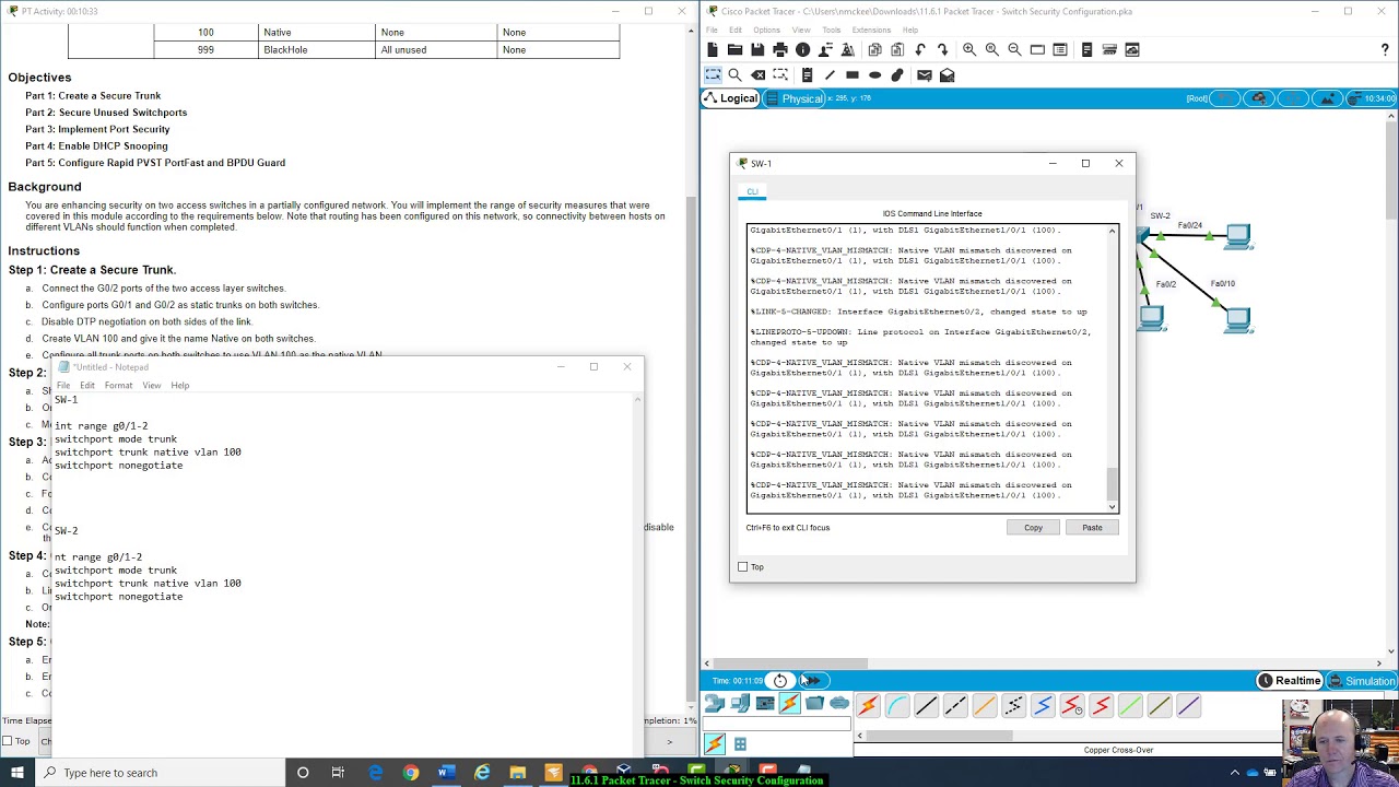 11 6 1 Packet Tracer Switch Security Configuration Youtube