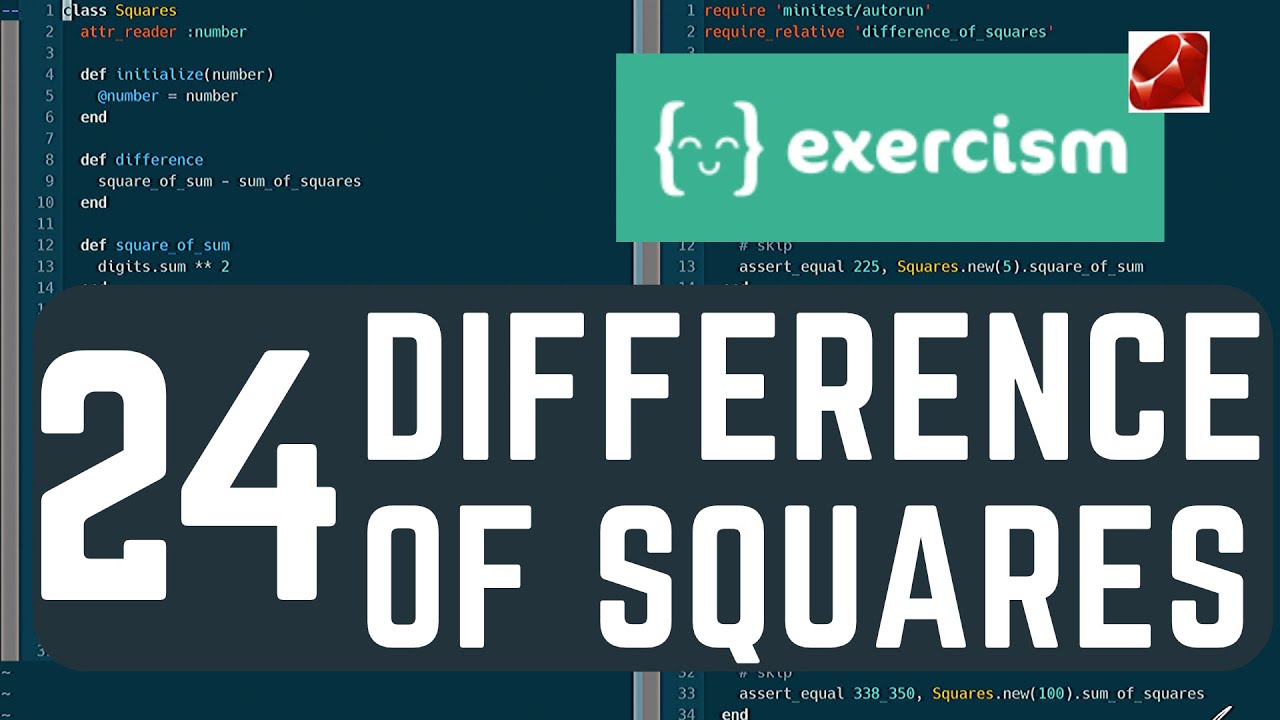 exercism.io 24 difference of squares - YouTube
