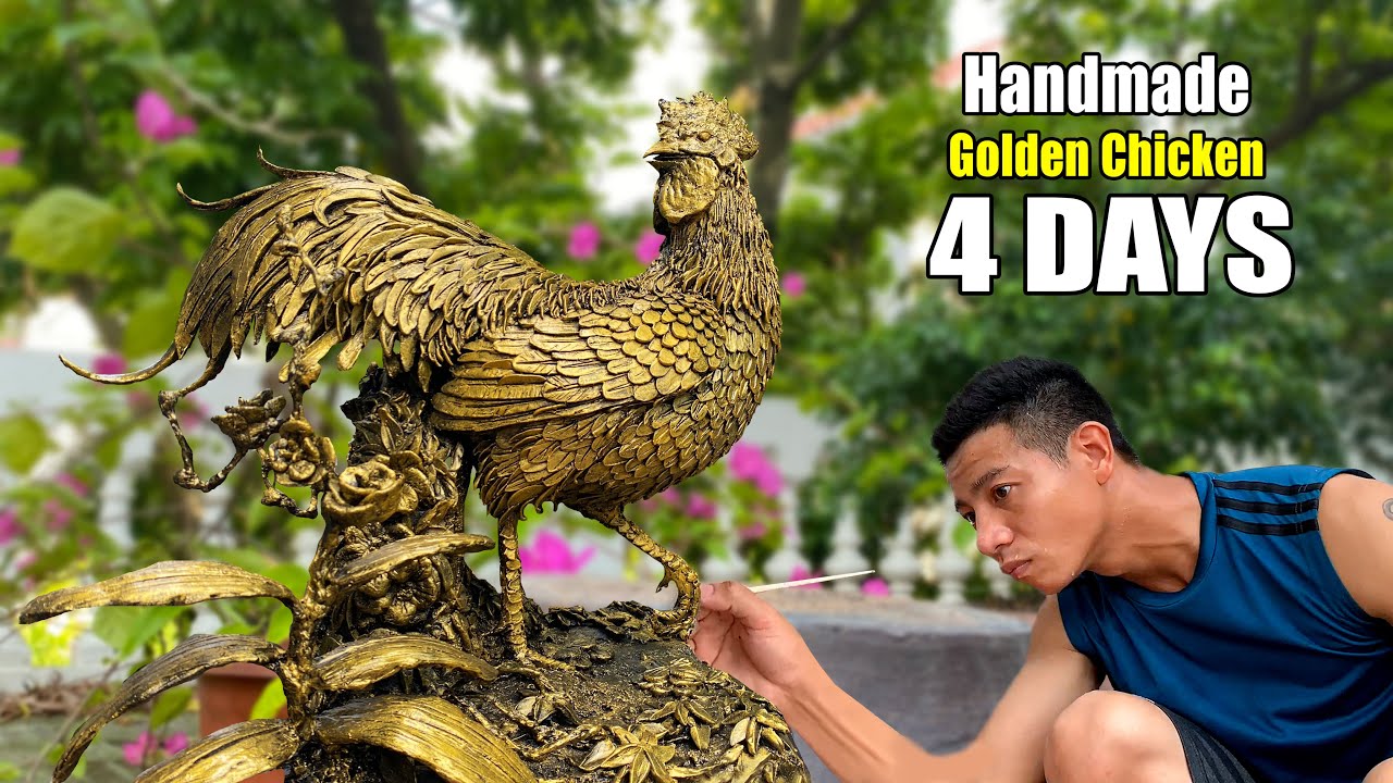 Awesome idea ! Man making handmade the golden chicken with cement and ...