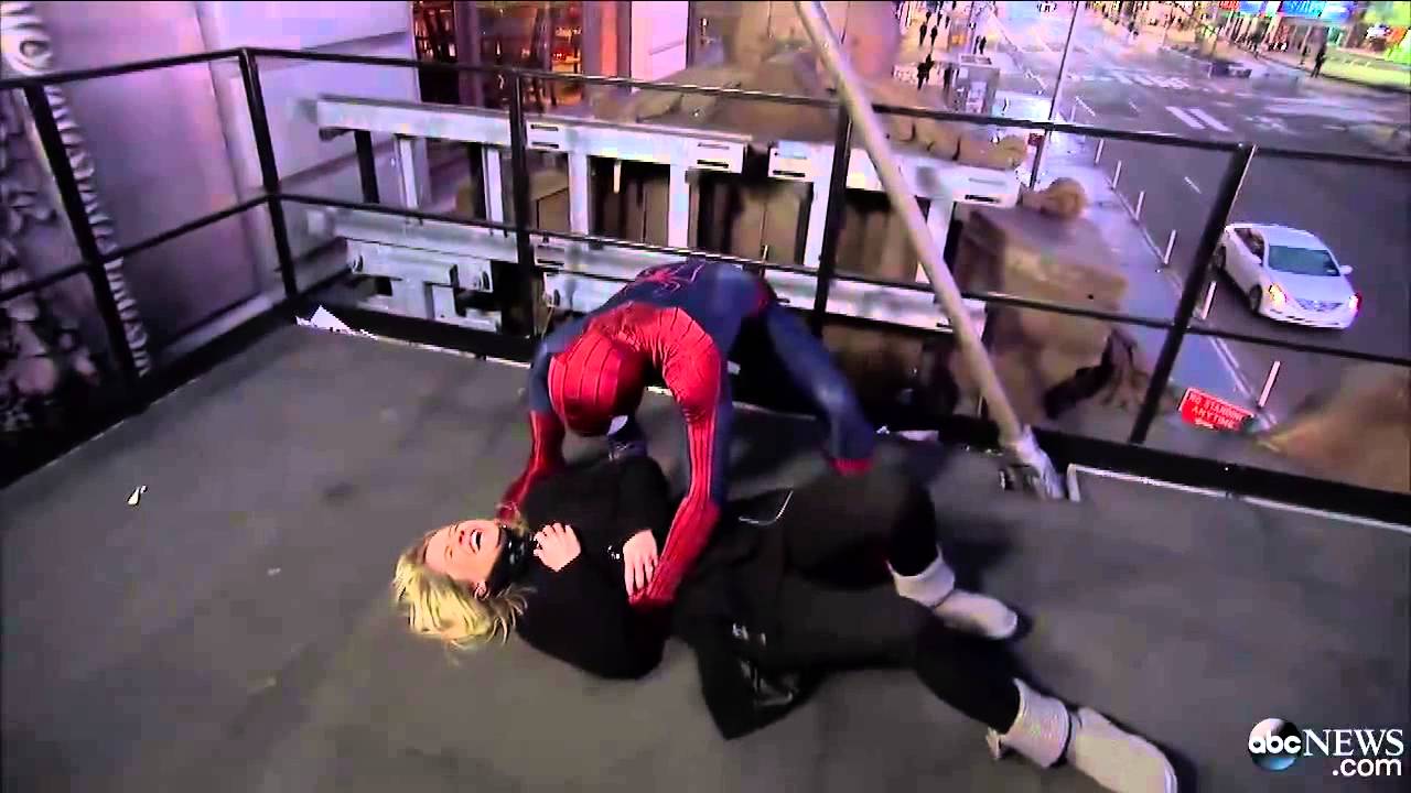 Spider-man fails to catch a journalist who falls - YouTube