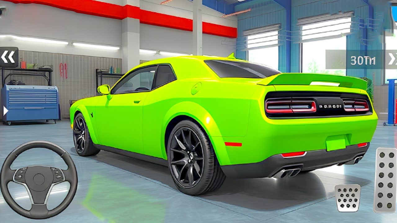 New Sports Car Dodge Challenger in Auto Repair Shop - 3D Driving Class ...