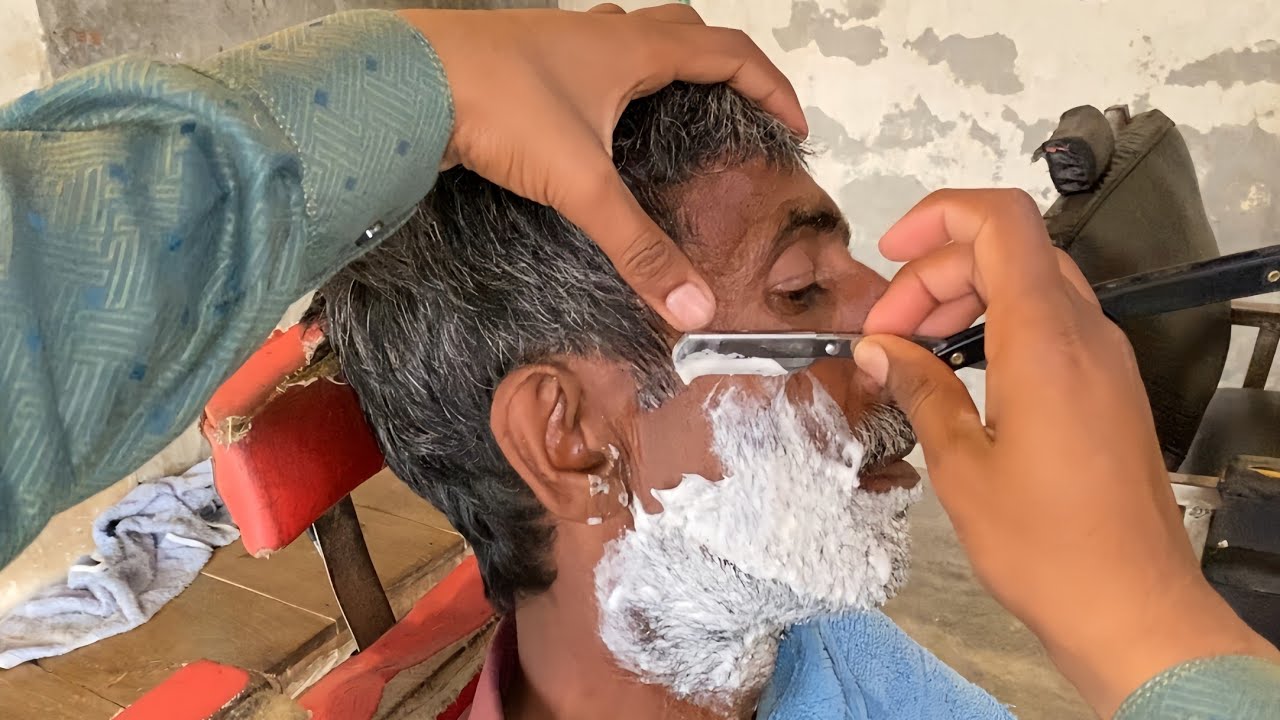 ASMR Fast Shave Straight Razor Blade | Very big Beard Shaving in ...