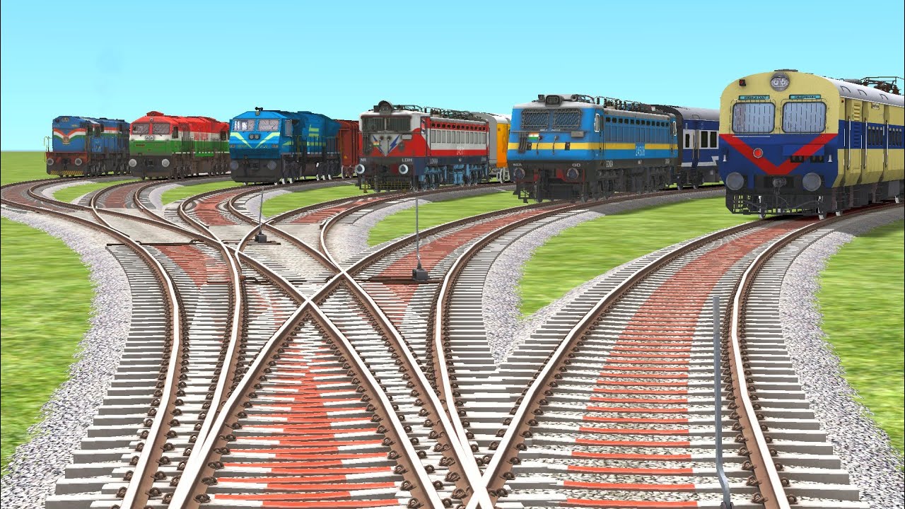 6 TRAIN CROSSING ON ONE SIDED CURVED RAILROAD | Electric Train | Forked ...