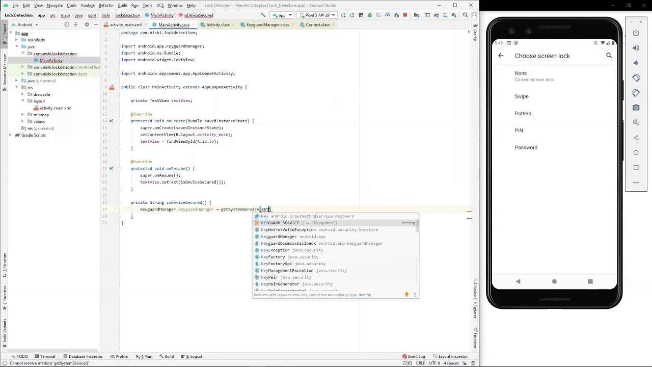 Android Tutorial | Application to detect whether device has screen lock ...