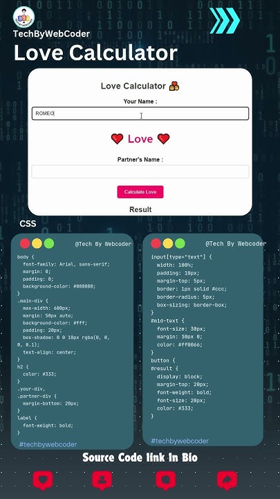 Love calculator Using Html,Css And Javascript|| Source Code Link In Description #techbywebcoder ...