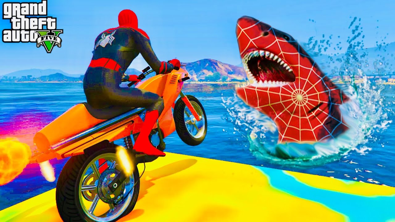 All MARVEL characters ride motorcycles against sharks in GTA 5 - YouTube