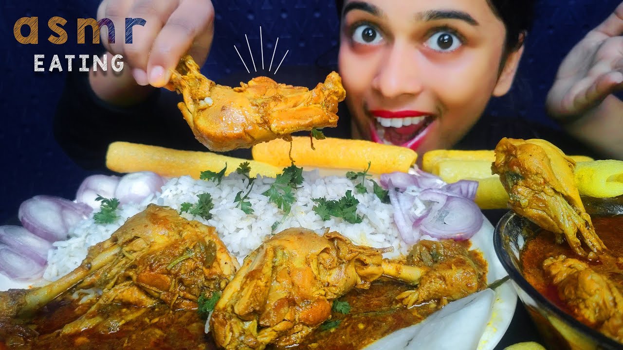 ASMR EATING CHICKEN CURRY,CHICKEN LEG PIECE,RICE,SALAD | INDIAN FOOD ...