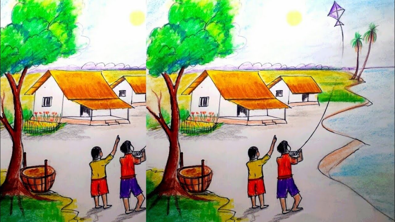 ঘুড়ি উড়ানোর দৃশ্য আঁকা / easy village drawing /gramin drishya akon ...