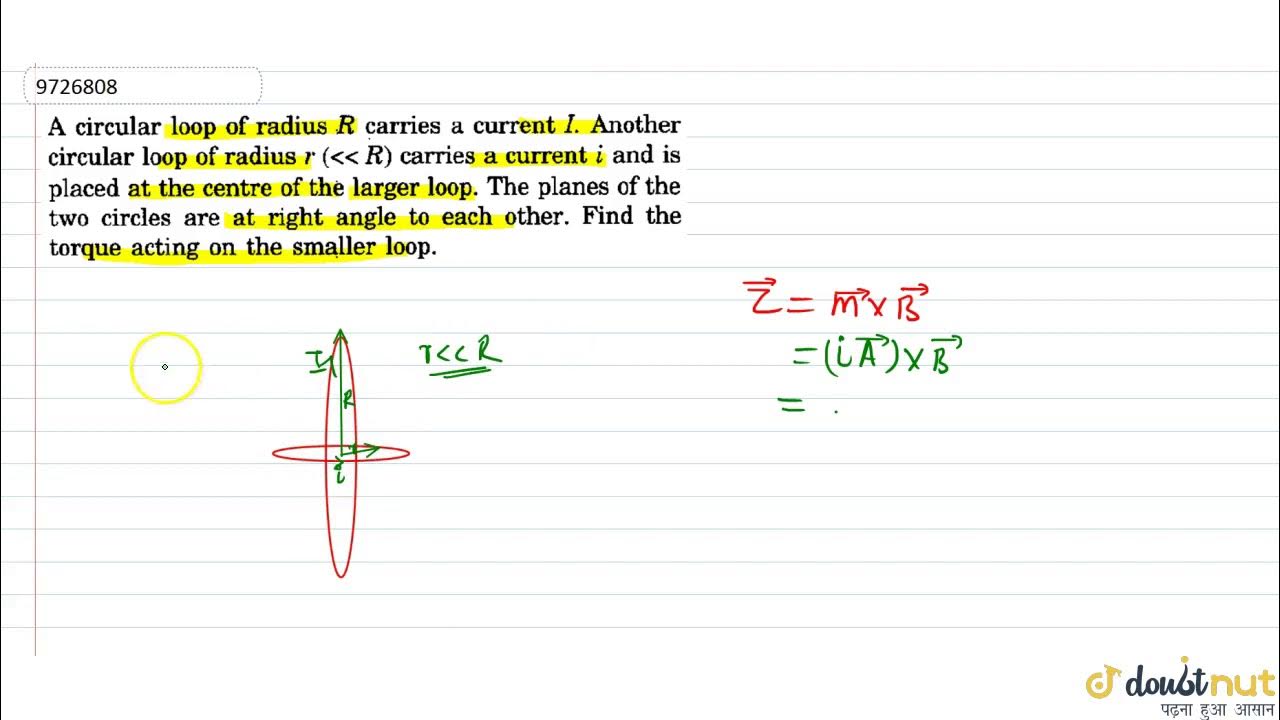 A circular loop of radius R carries a current I. Another circular loop of radius r(ltltR) carrie ...