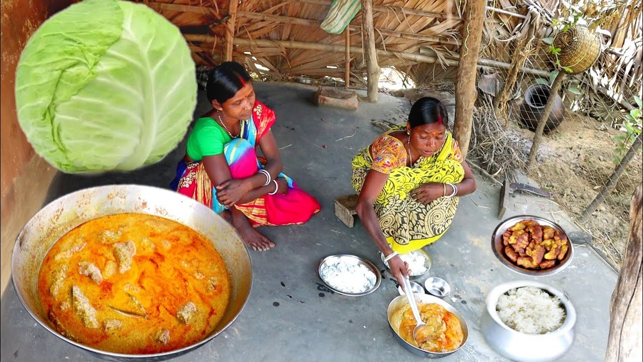 cabbage kofta curry cooking&eating in tribal method by santali tribe ...