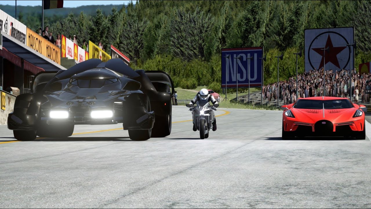 Kawasaki Ninja H2 vs Batmobile vs Bugatti La Voiture Noire at Old SPA ...