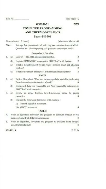 COMPUTER PROGRAMMING & THERMODYNAMICS QUESTION PAPER, 2022 B.Sc 3rd SEM, KURUKSHETRA UNIVERSITY ...