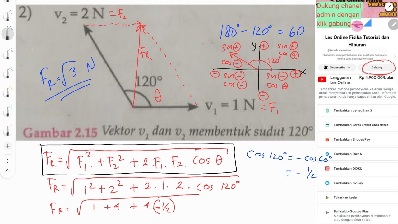 resultan dua buah vektor membentuk sudut 120° derajat - YouTube