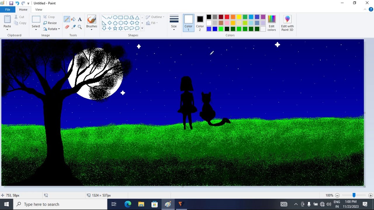 MS Paint Nature Drawing | MS Paint Drawing | A Alone Girl With Cat ...