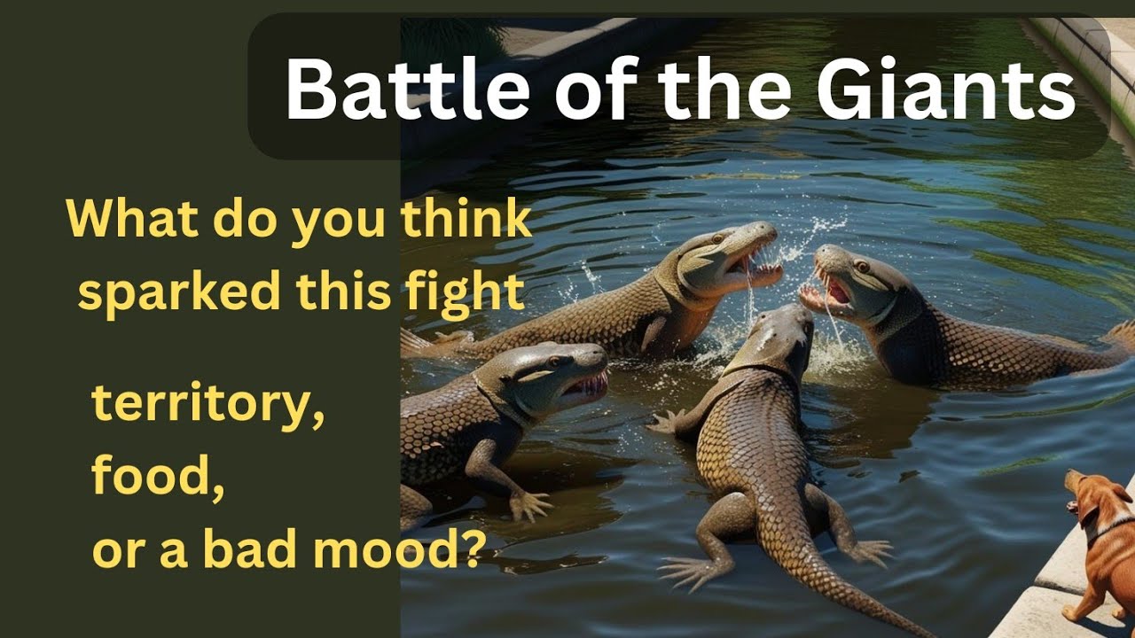 Epic Water Monitor Fight in Canal with Dogs Barking - YouTube