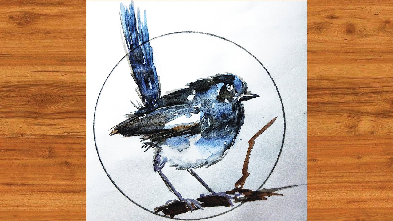 How to Draw and color Magpie /Doyel Bird/Magpie Bird drawing with water ...